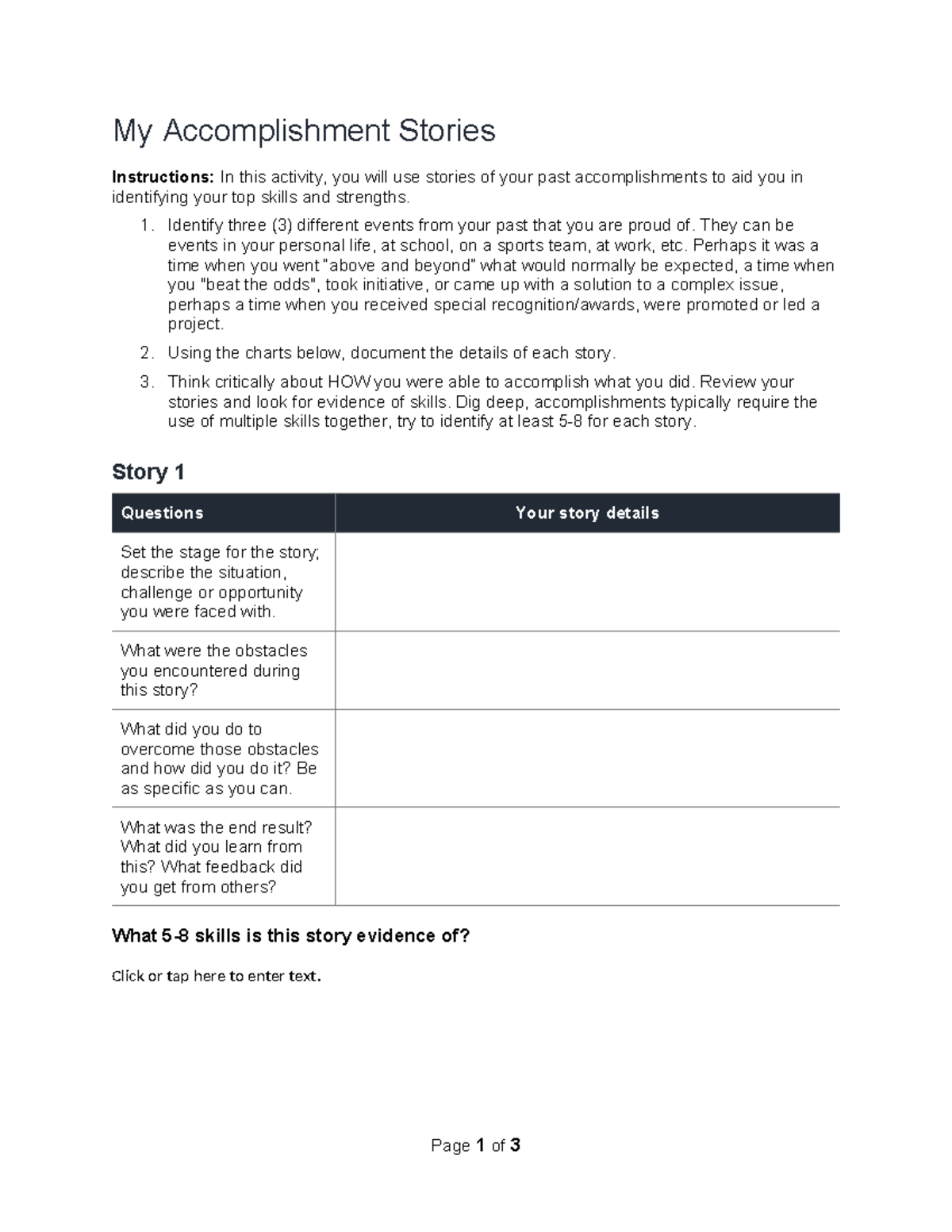 Accomplishments Worksheet - My Accomplishment Stories Instructions: In ...