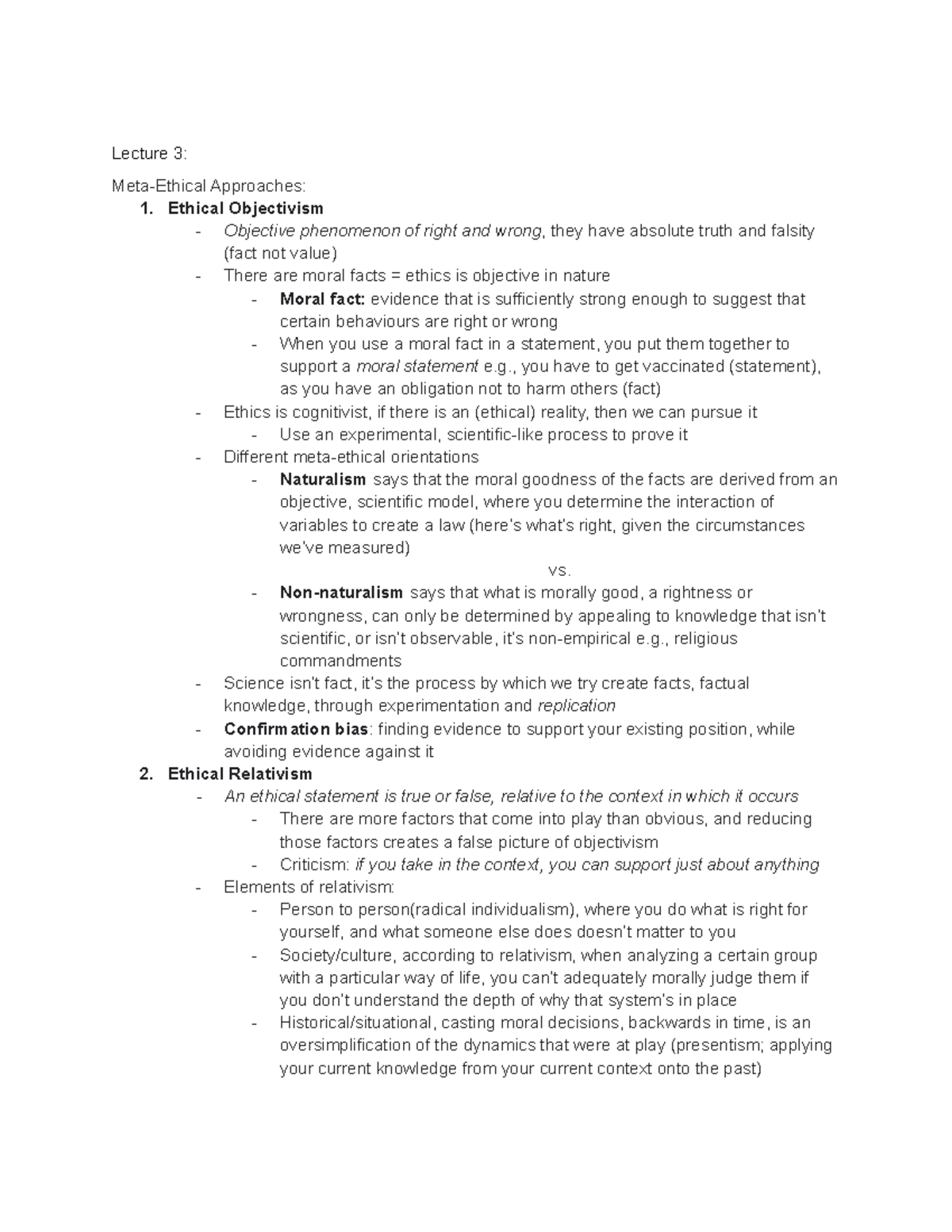 Lecture 3 - Meta Ethics - Lecture 3: Meta-Ethical Approaches: 1. Ethical Objectivism - Objective ...