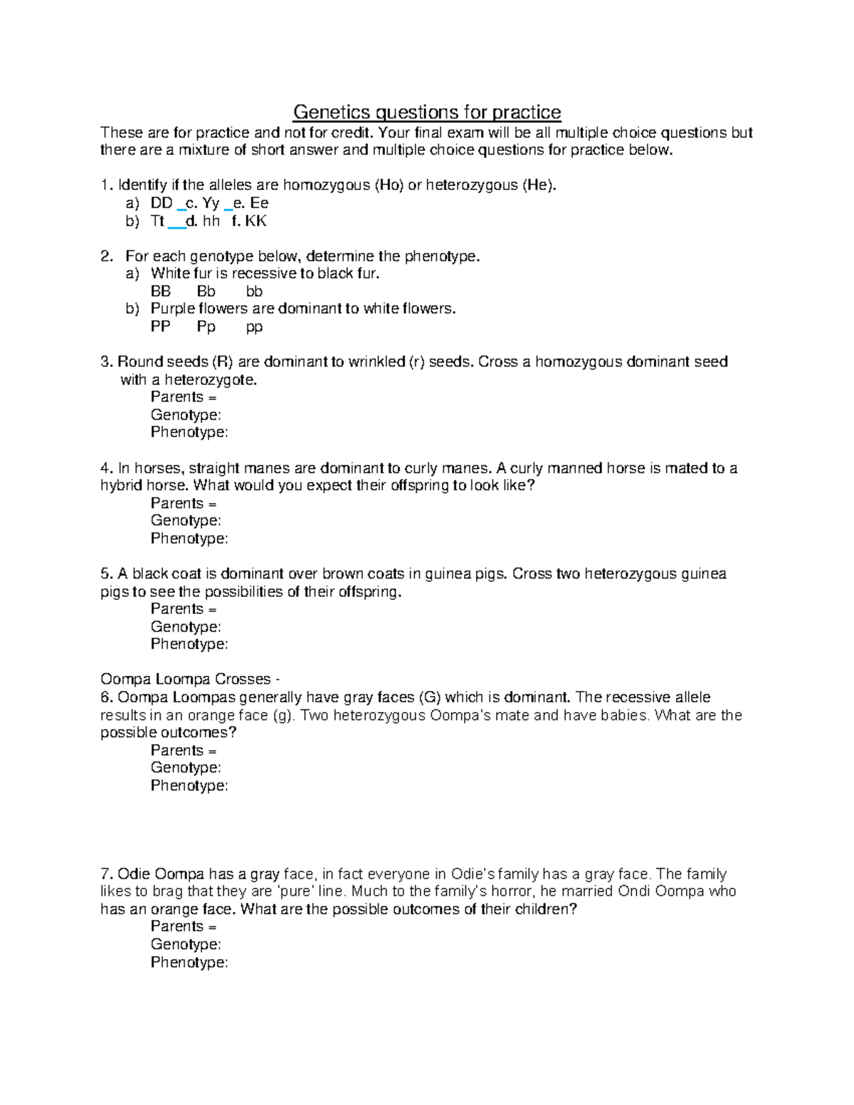 Genetics problems for practice - Genetics questions for practice These ...