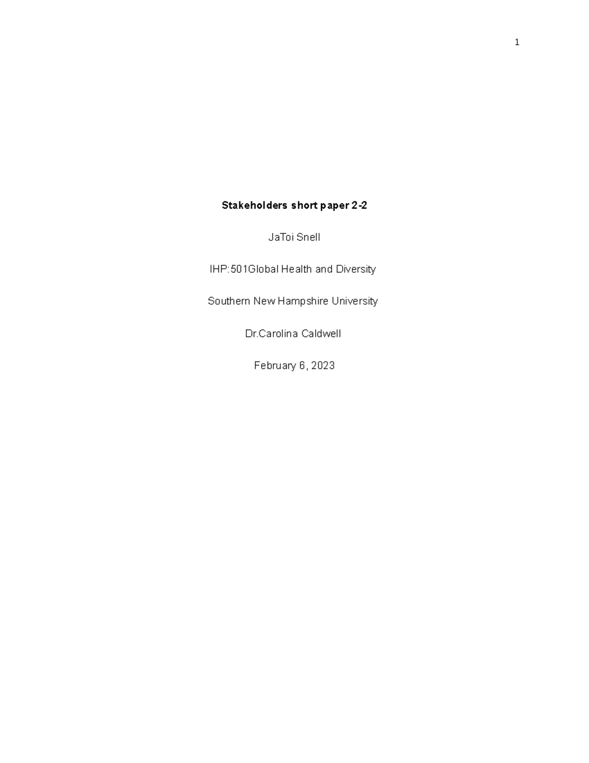 Stakeholder paper - steakholder assignment - Stakeholders short paper 2 ...