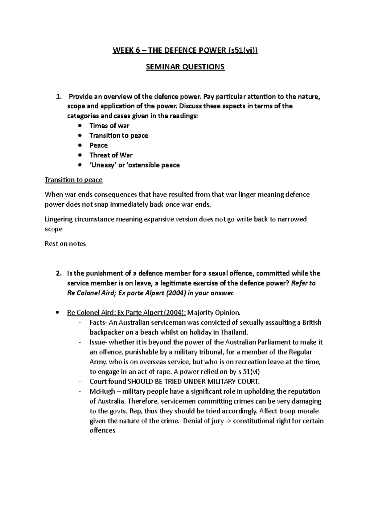 Week 5 Seminar Question and Answers - WEEK 6 – THE DEFENCE POWER (s51 ...