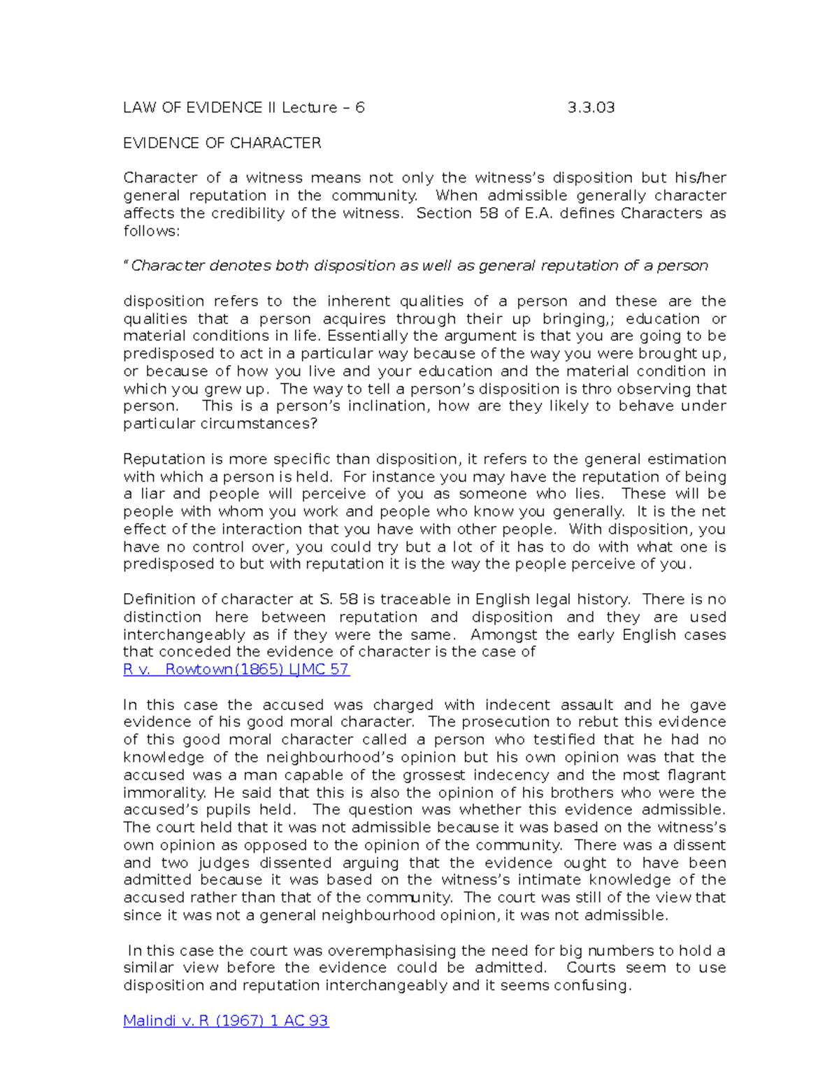 Evidence of Character+Opinion Character - LAW OF EVIDENCE II Lecture ...