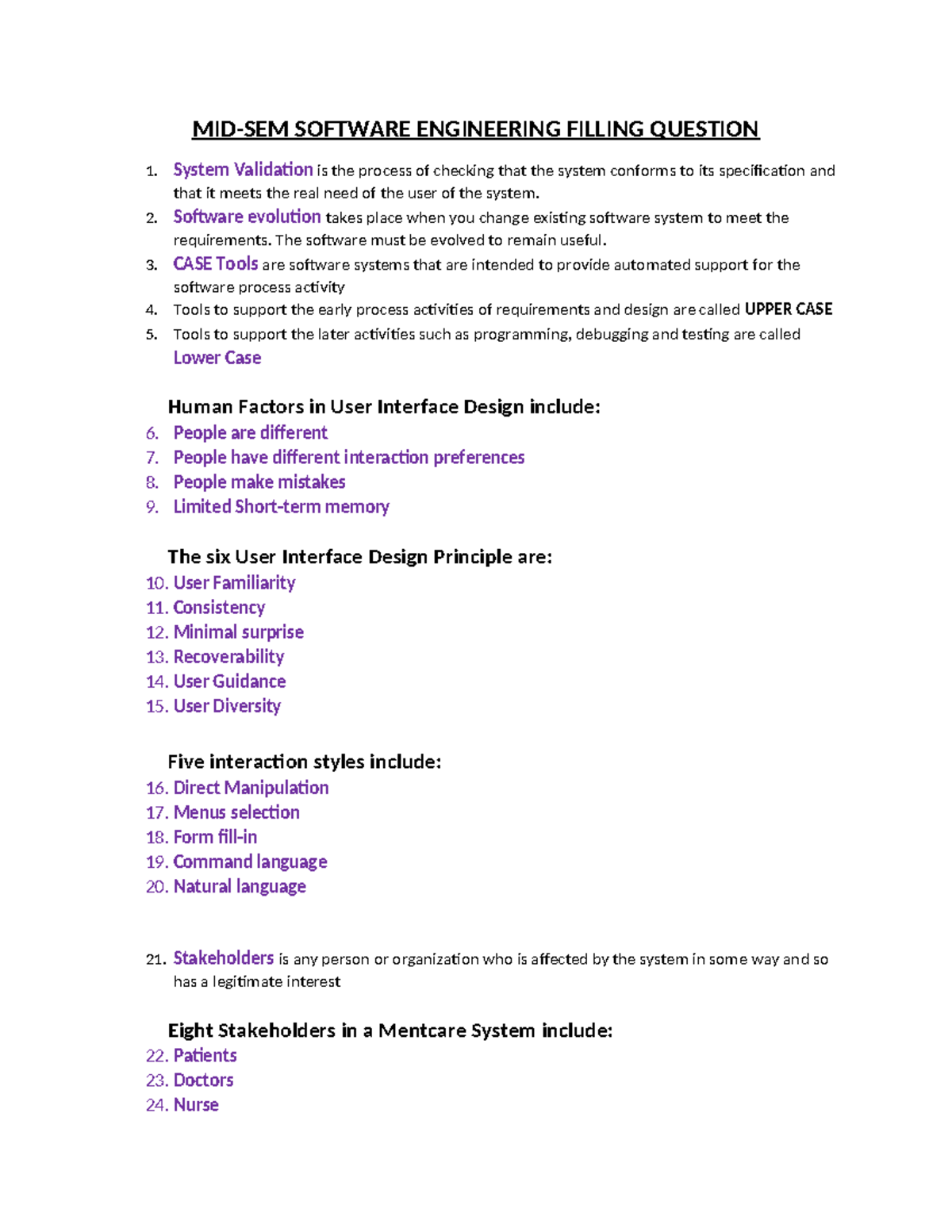 MID-SEM Question Software Eng - MID-SEM SOFTWARE ENGINEERING FILLING QUESTION 1. System ...