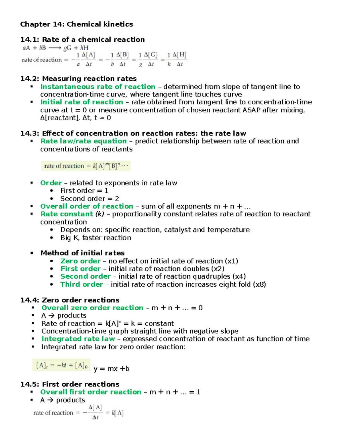 Summary - master copy - Chapter 14: Chemical kinetics 14: Rate of a ...