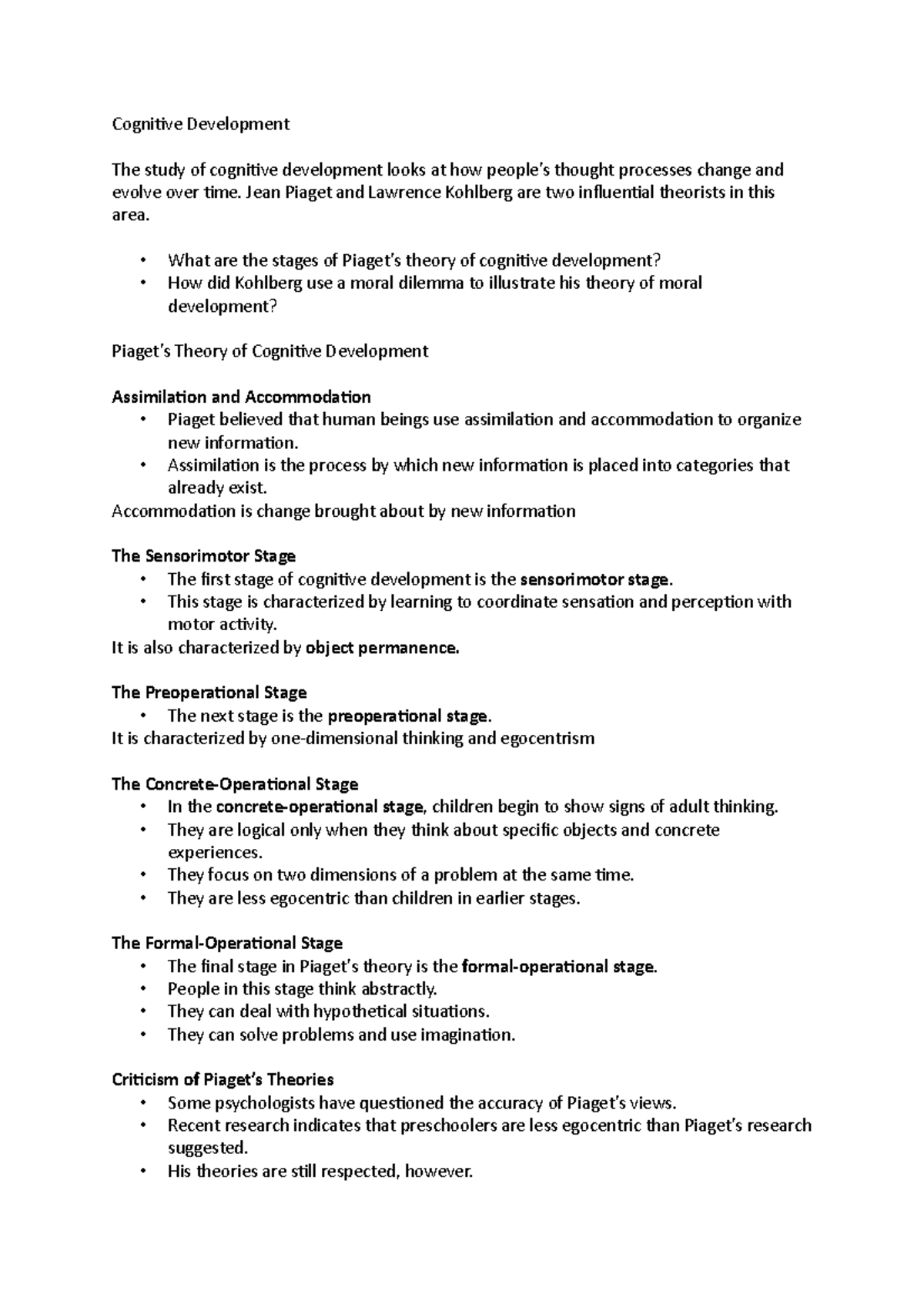 57 - Cognitive Development lecture notes - Cognitive Development The ...