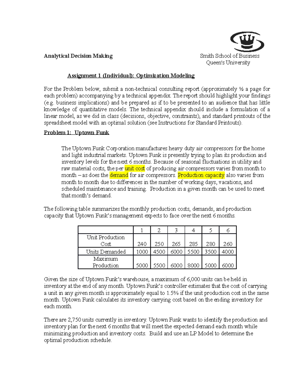 Individual Assignment-1 LP - Analytical Decision Making Smith School of ...