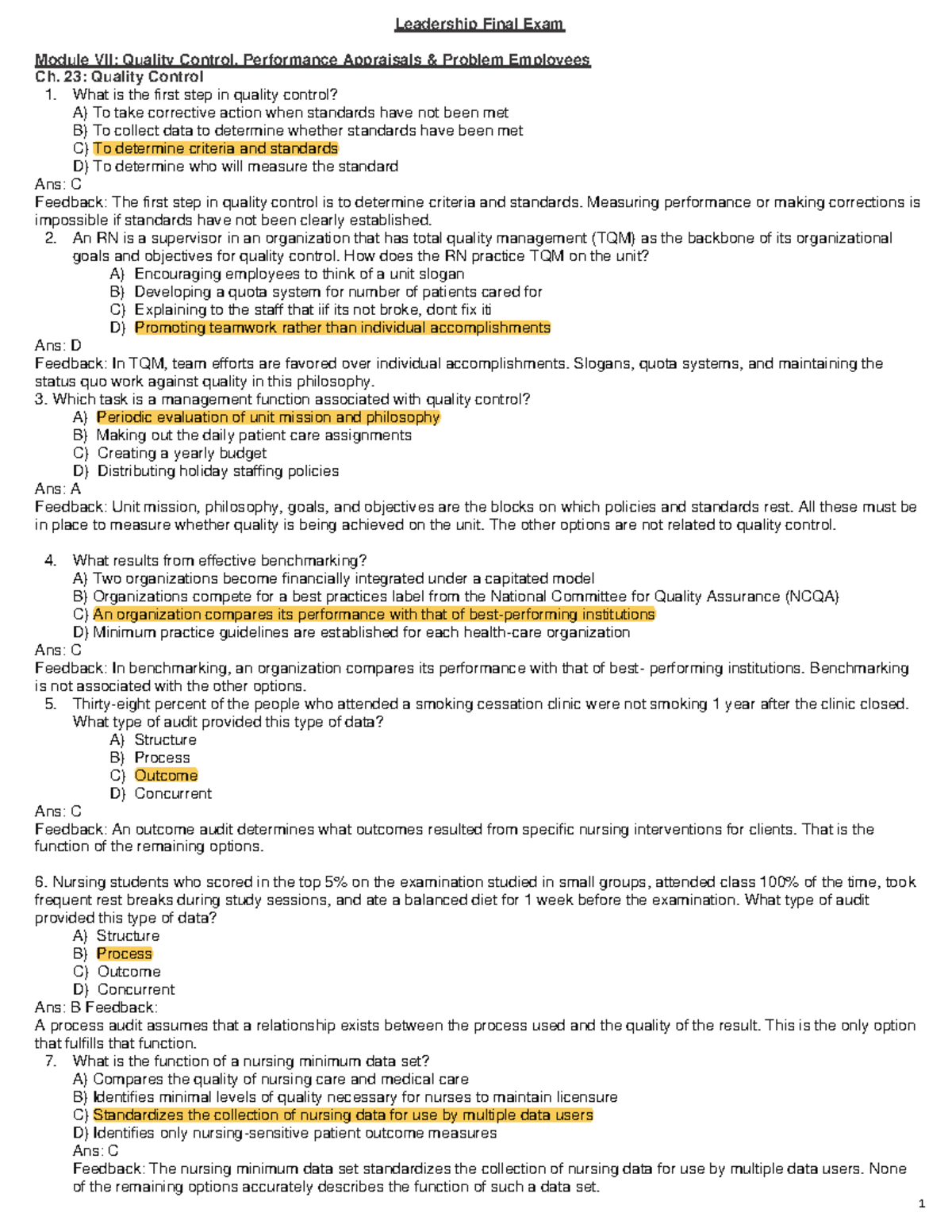 Tbg Leadership TBG - Leadership Final Exam Module VII: Quality Control ...