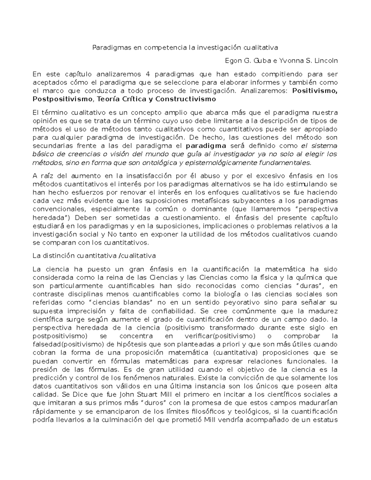 Resumen Paradigmas en competencia la investigación cualitativa Guba ...