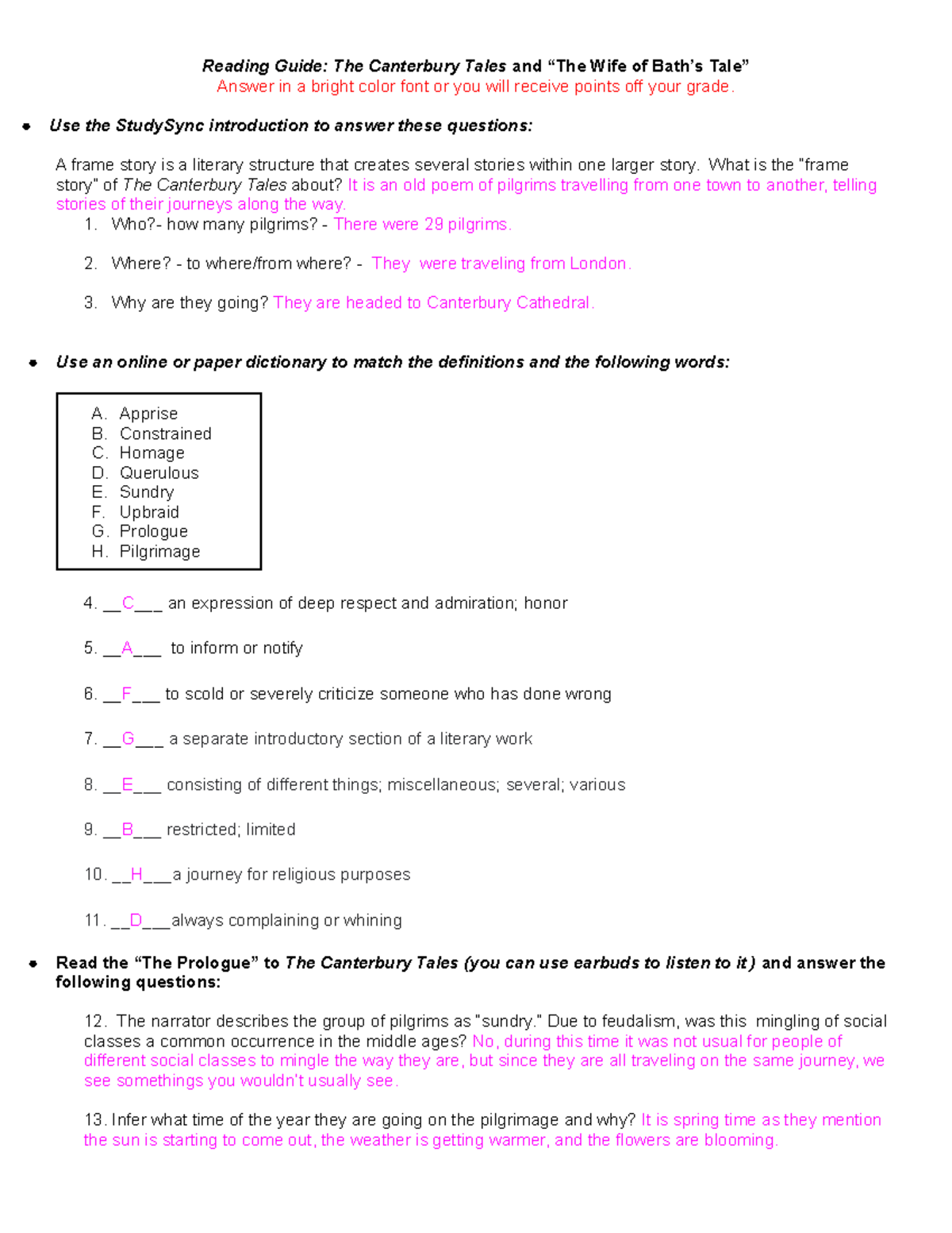 Copy of Reading Guide The Canterbury Tales and “The Wife of Bath’s Tale ...