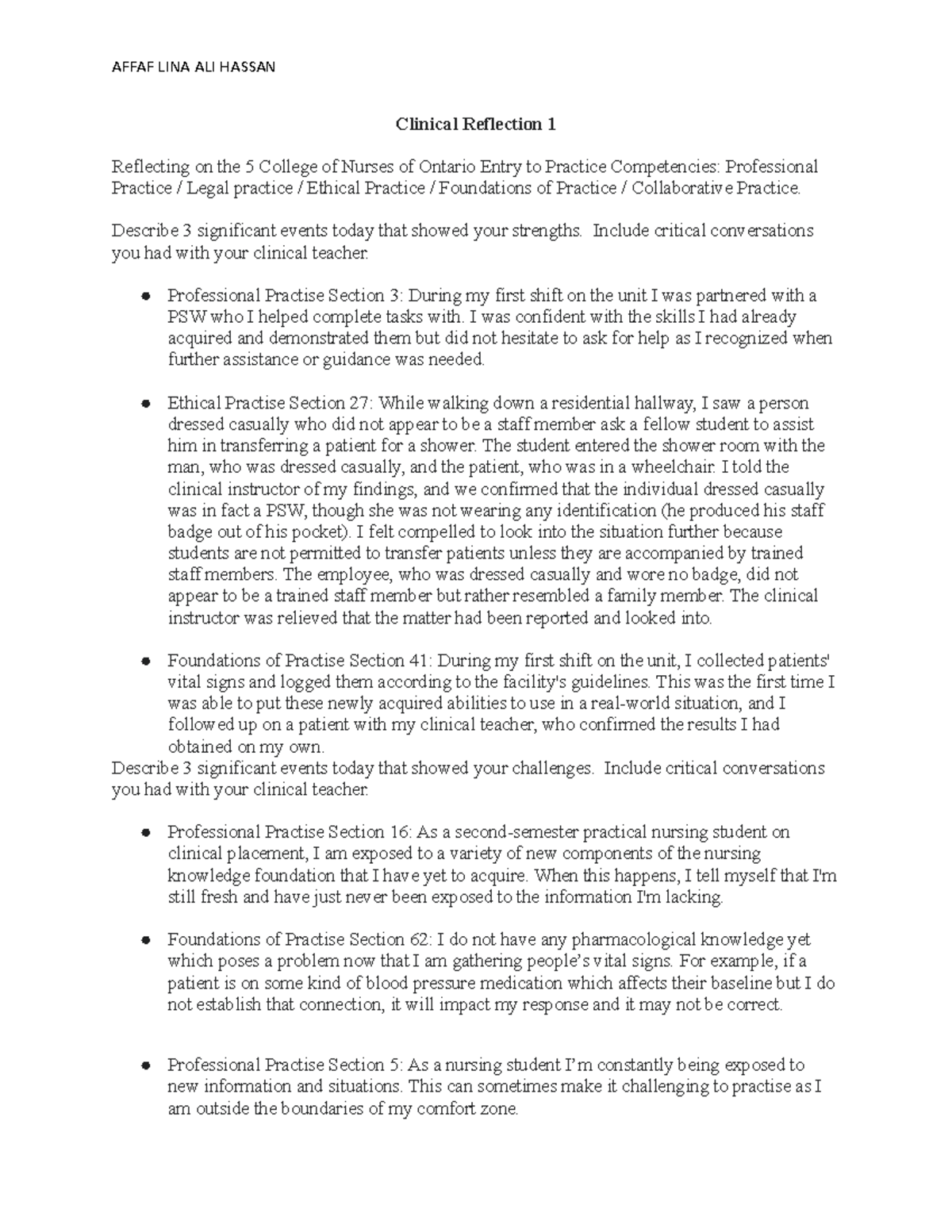 Clinical Reflection 1 - AFFAF LINA ALI HASSAN Clinical Reflection 1 ...