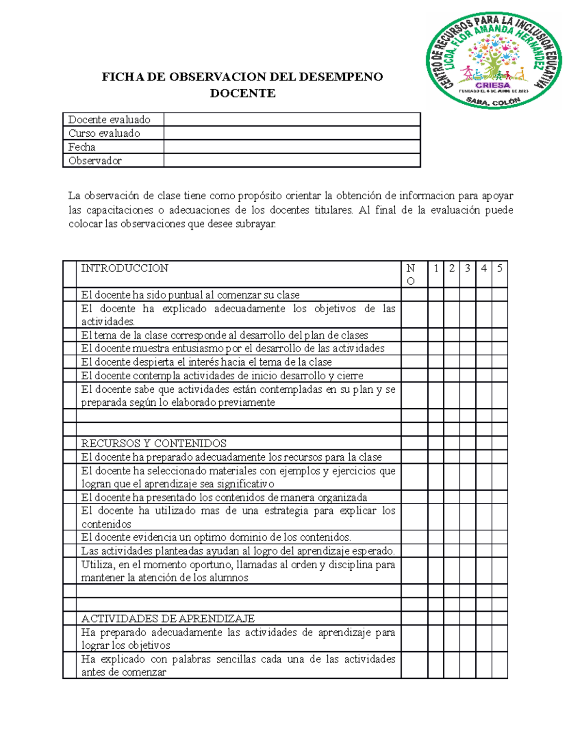 Criesa Ficha DE Observacion DEL Desempeno Docente - FICHA DE OBSERVACION DEL DESEMPENO DOCENTE ...