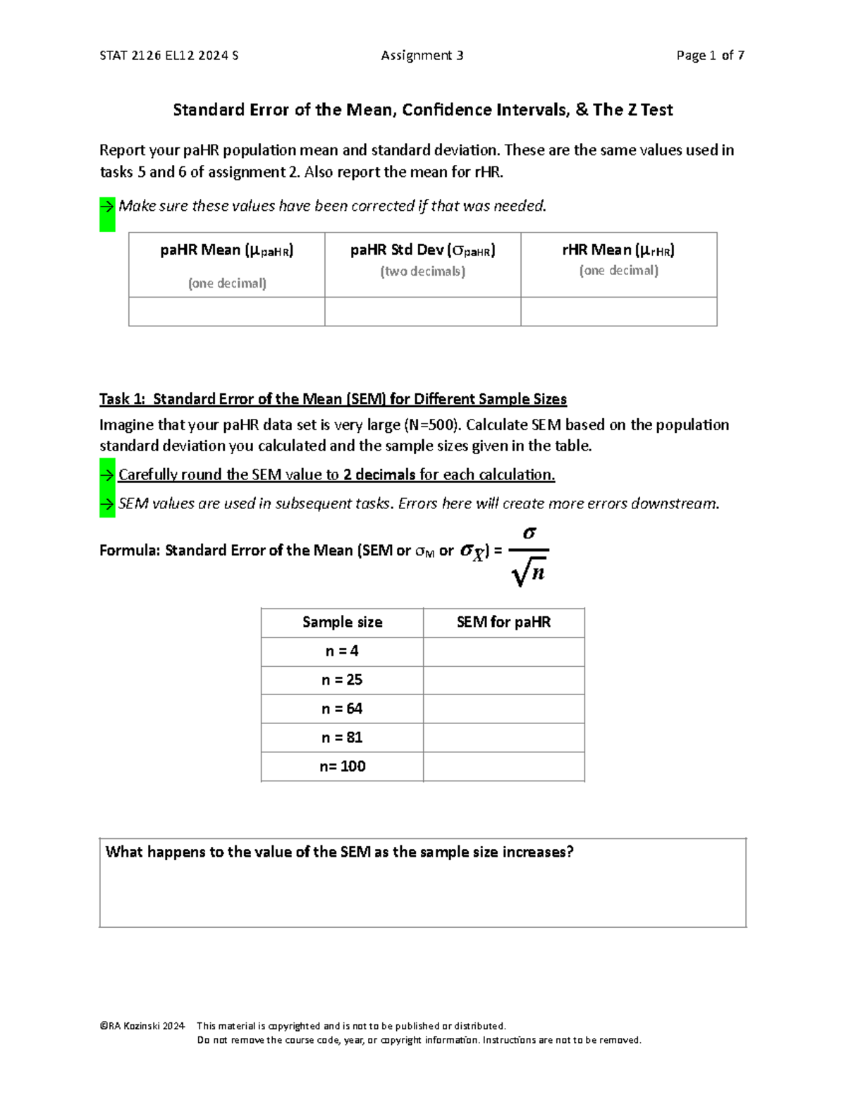 STAT 2126 Revised Assignment 3 2024SP RKozinski - Standard Error of the Mean, Confidence ...