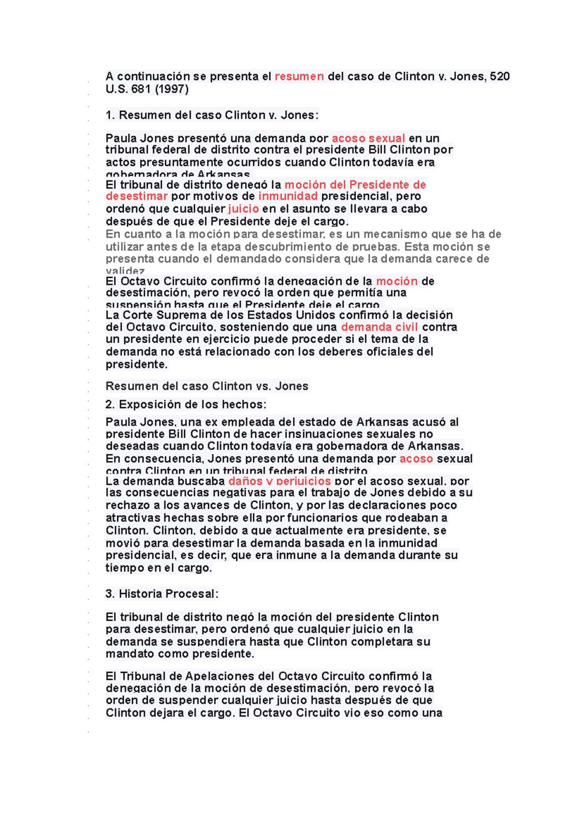 Clinton vs Jones - A continuación se presenta el resumen del caso de ...