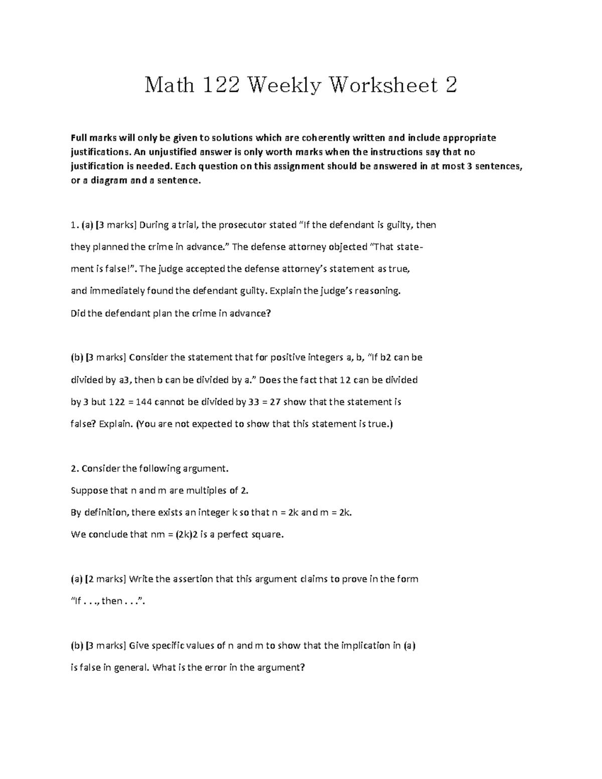 Math 122 Weekly Worksheet 2 - Math 122 Weekly Worksheet 2 Full marks ...