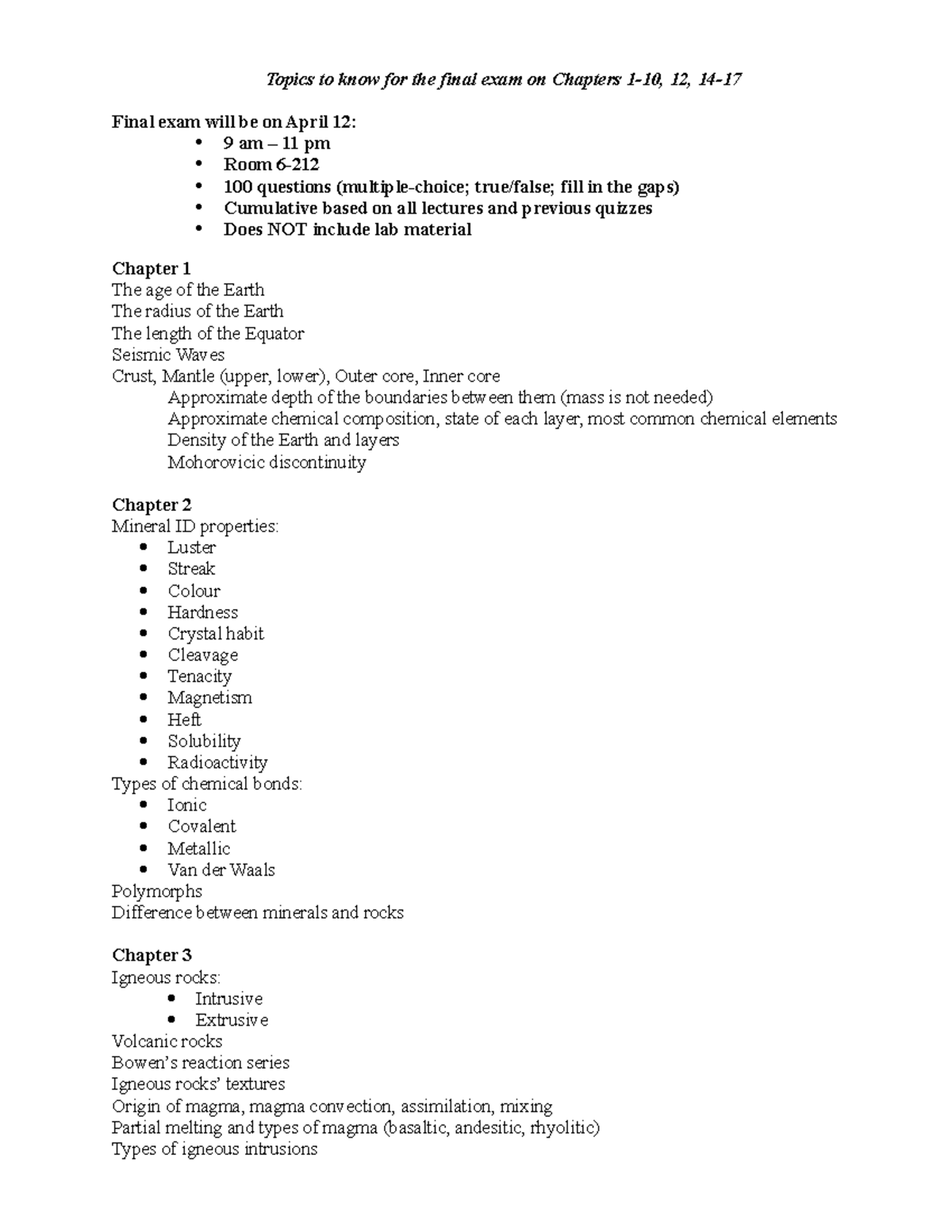 Topics for final exam - Topics to know for the final exam on Chapters 1 ...
