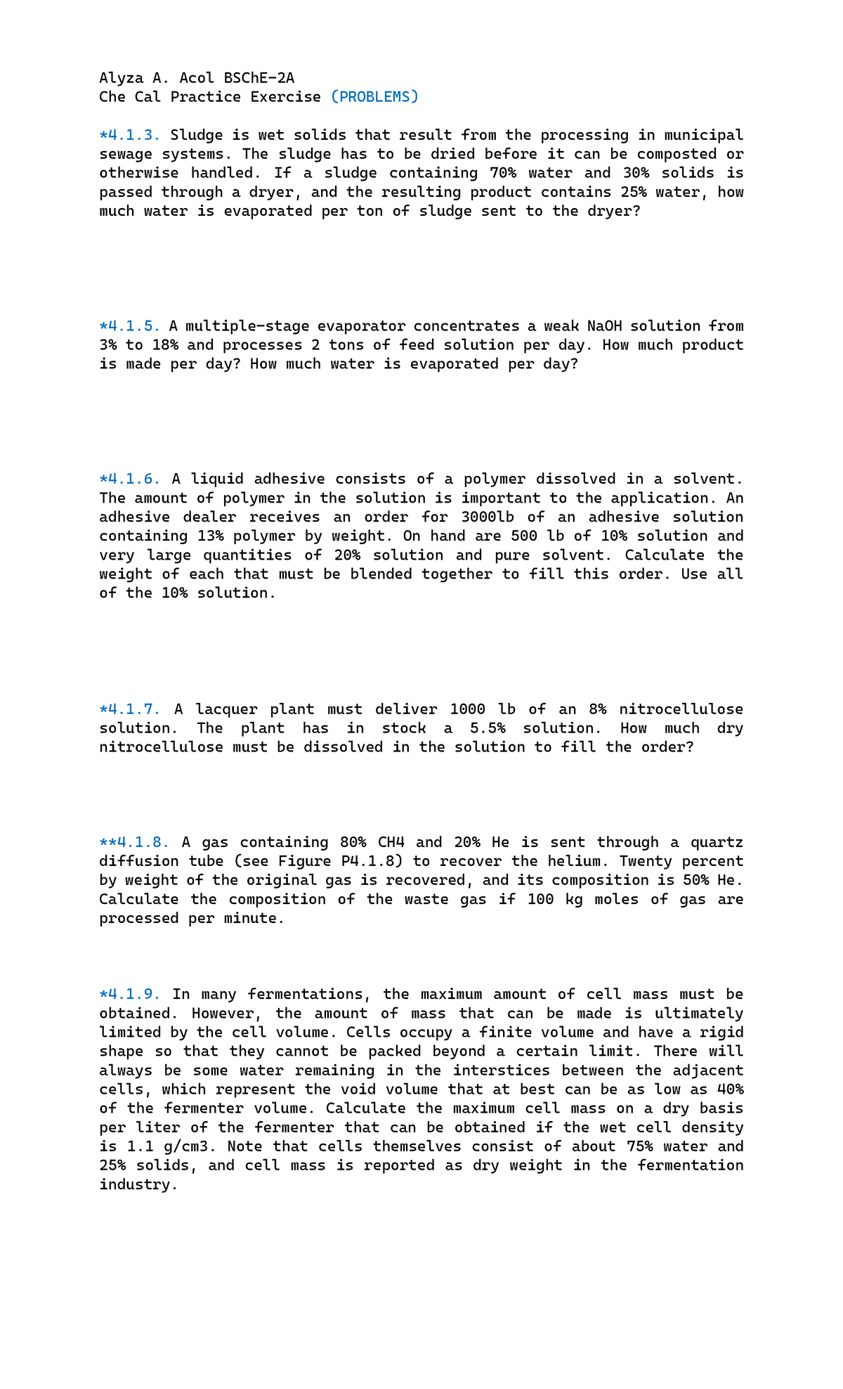 Che Cal Practice Exercise - Alyza A. Acol BSChE-2A Che Cal Practice ...