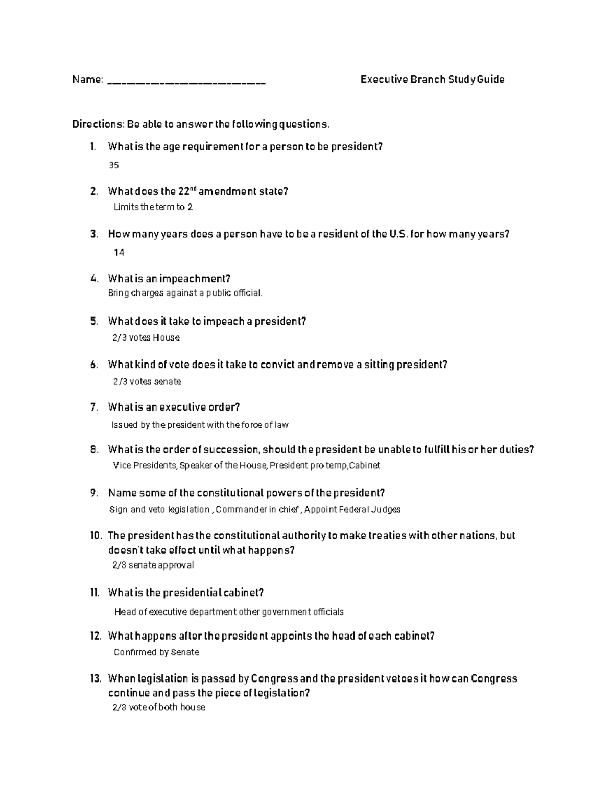 Executive Branch Study Guide - Name ...