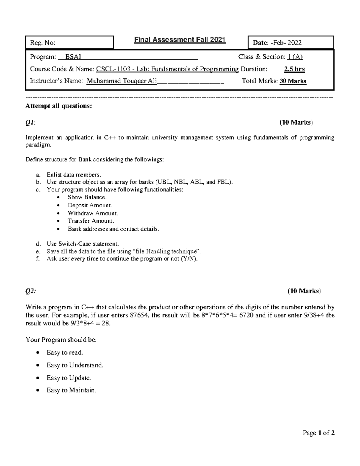 Final paper fop - Page 1 of 2 Final Assessment Fall 2021 - Attempt all ...