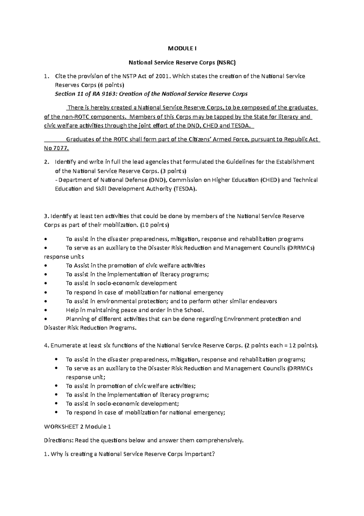 NSTP Prelim- Midterm - MODULE I National Service Reserve Corps (NSRC ...