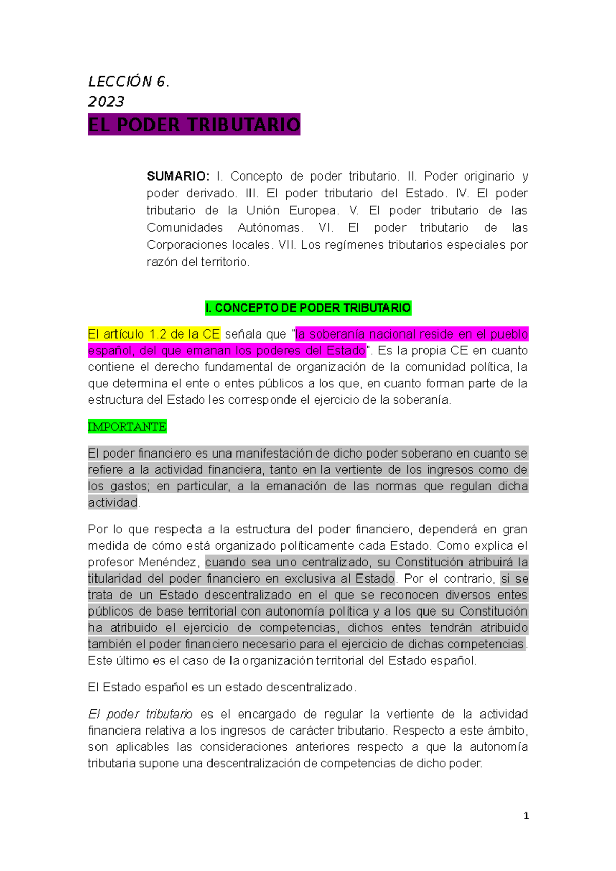 Lección 6 - RESUMEN - LECCIÓN 6. 2023 EL PODER TRIBUTARIO SUMARIO: I ...