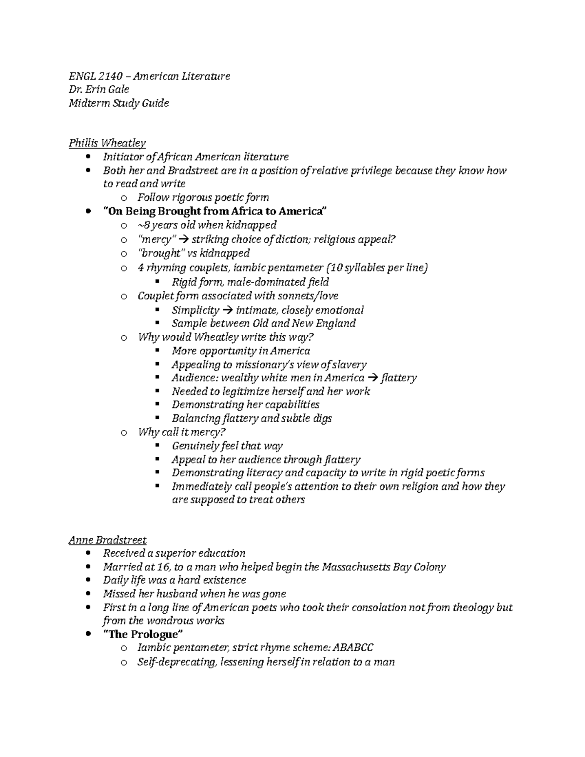 Midterm Study Guide - ENGL 2140 – American Literature Dr. Erin Gale ...