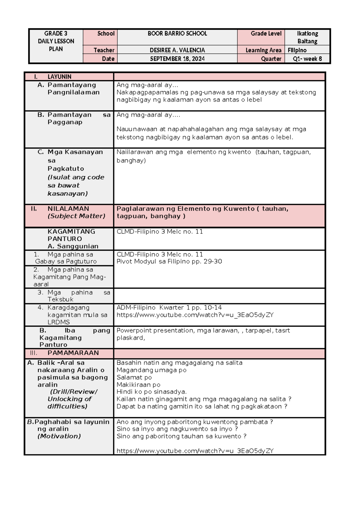 COT- Filipino 3 Q1 W8 - a lesson plan - GRADE 3 DAILY LESSON PLAN ...