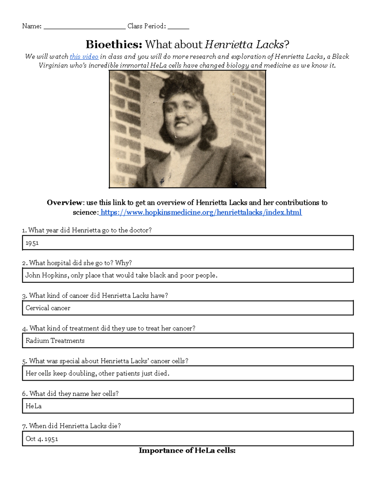 Henrietta Lacks Webquest - Name: ___________________ Class Period ...