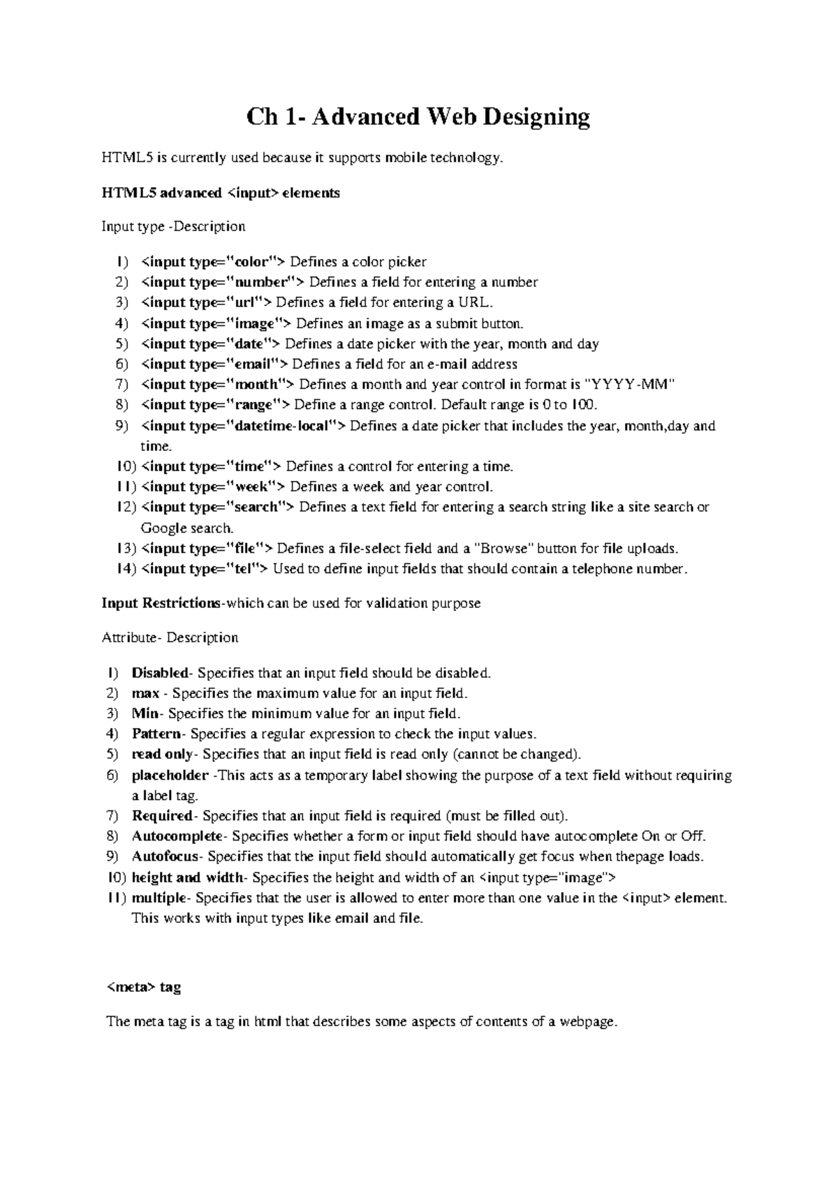 Ch1 Notes - Ch 1- Advanced Web Designing HTML5 is currently used ...