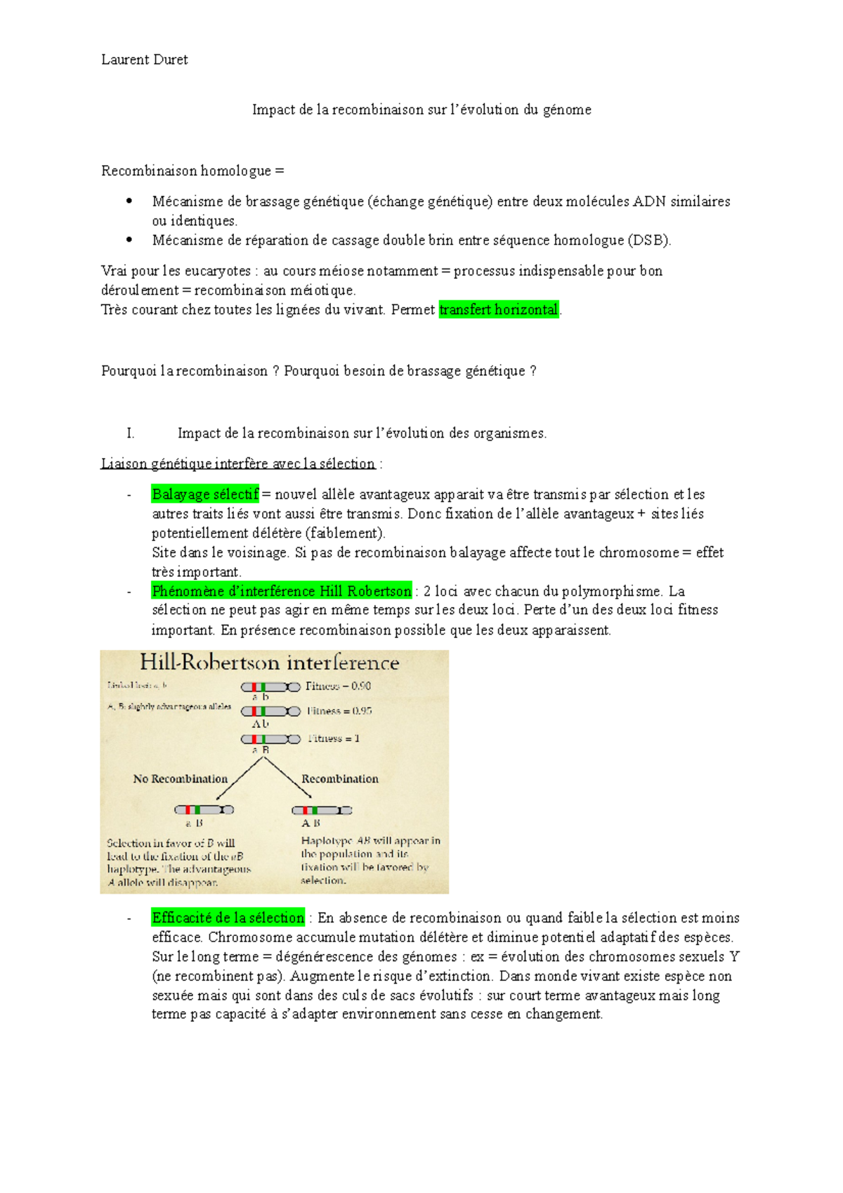 Recombinaison homologue - Impact de la recombinaison sur l’évolution du ...
