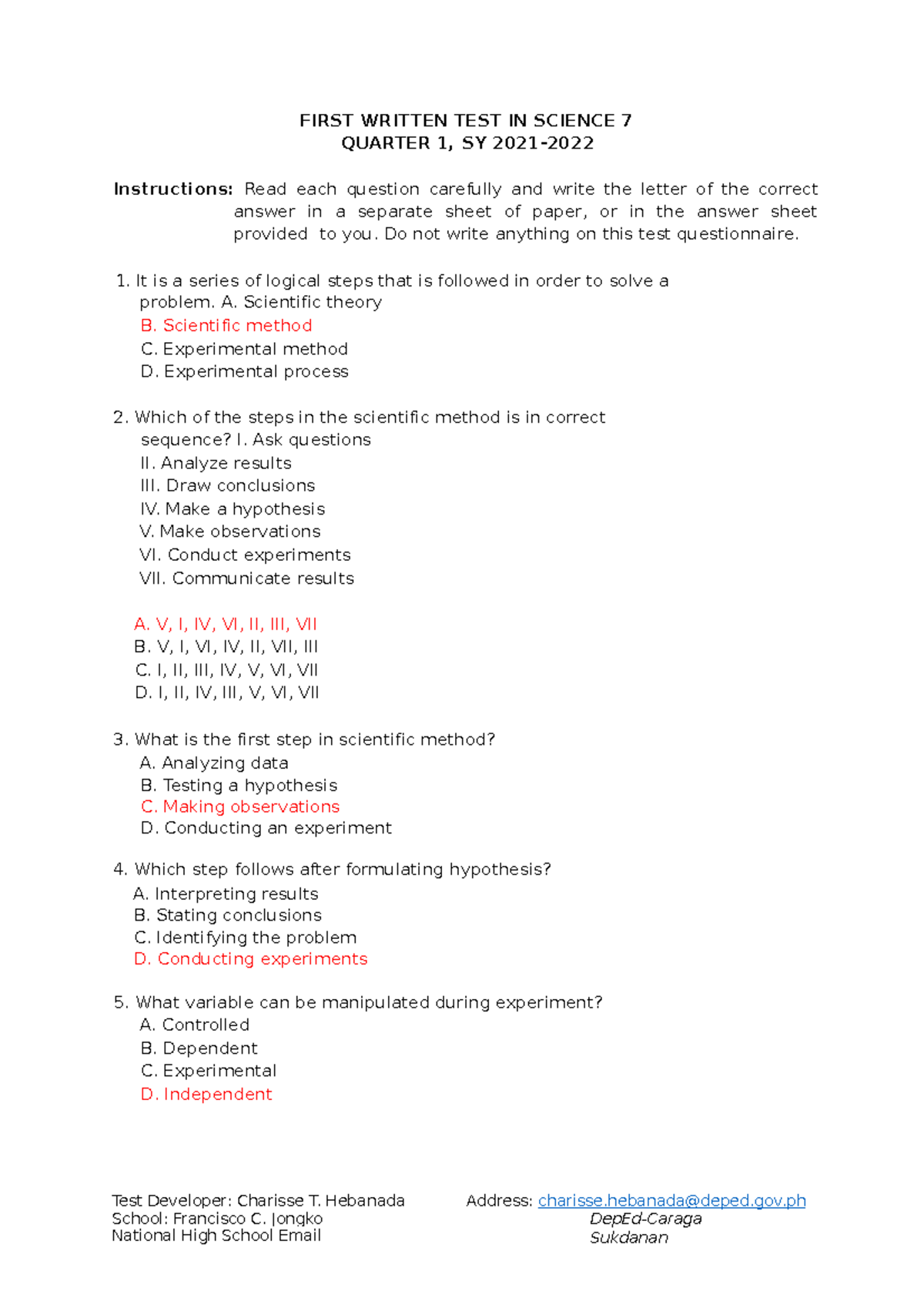 table of specifications - FIRST WRITTEN TEST IN SCIENCE 7 QUARTER 1, SY ...