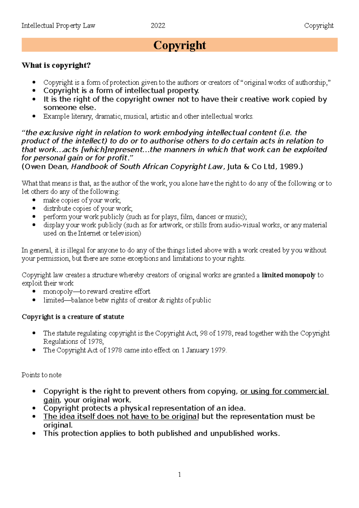 IP 2022 Copyright-notes (Complete) - Copyright What is copyright ...