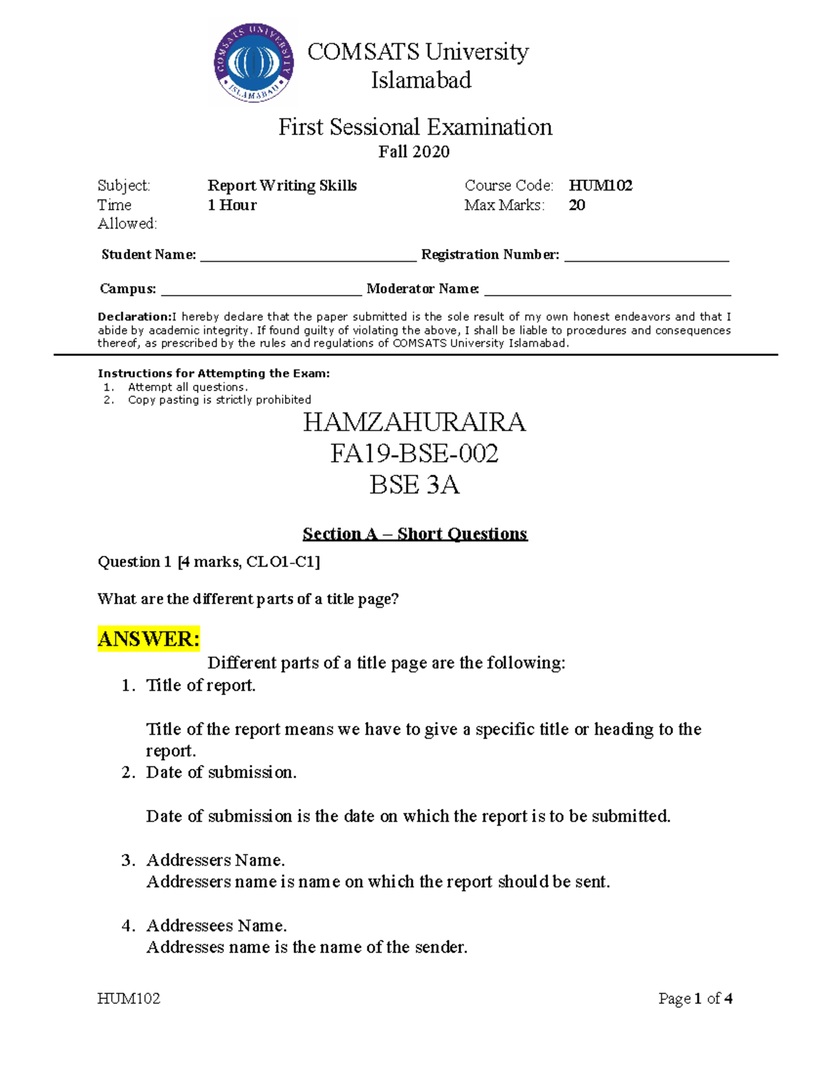 RWS Sessional 1 - COMSATS University Islamabad First Sessional ...