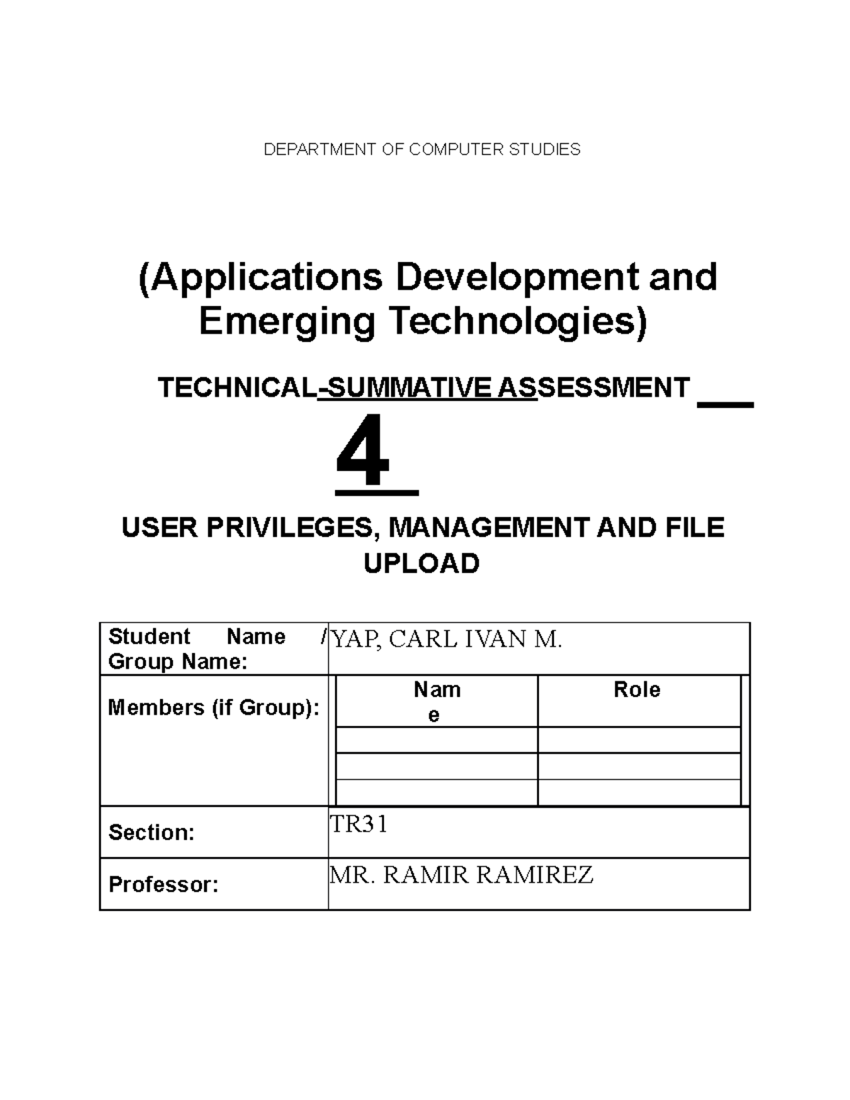 SA4 User Privileges Management and File Upload YAP - DEPARTMENT OF COMPUTER STUDIES ...