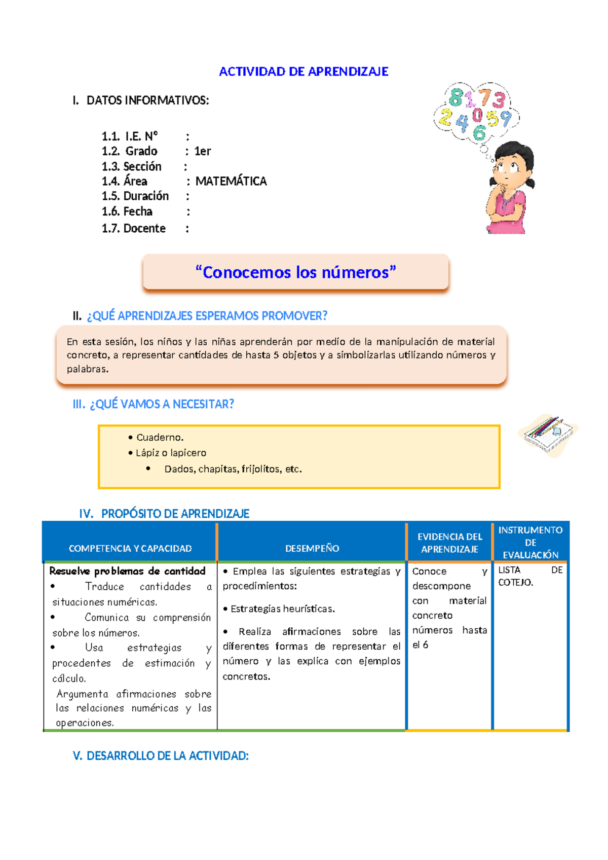 E1 A2 Sesion MAT conocemos los nùmeros 1er grado - ACTIVIDAD DE APRENDIZAJE I. DATOS ...