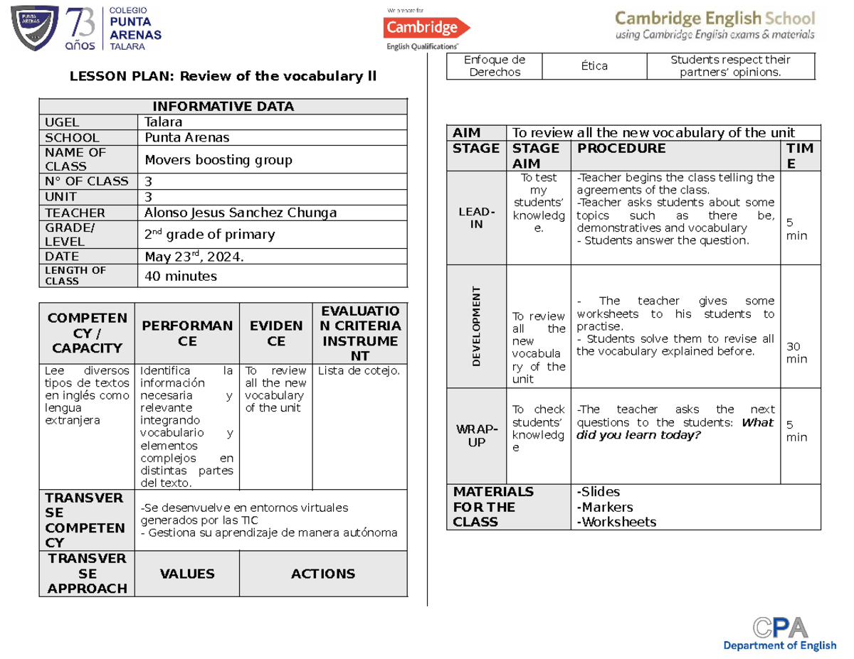Class #2 - 2nd grade - Sesión de inglés - LESSON PLAN: Review of the ...