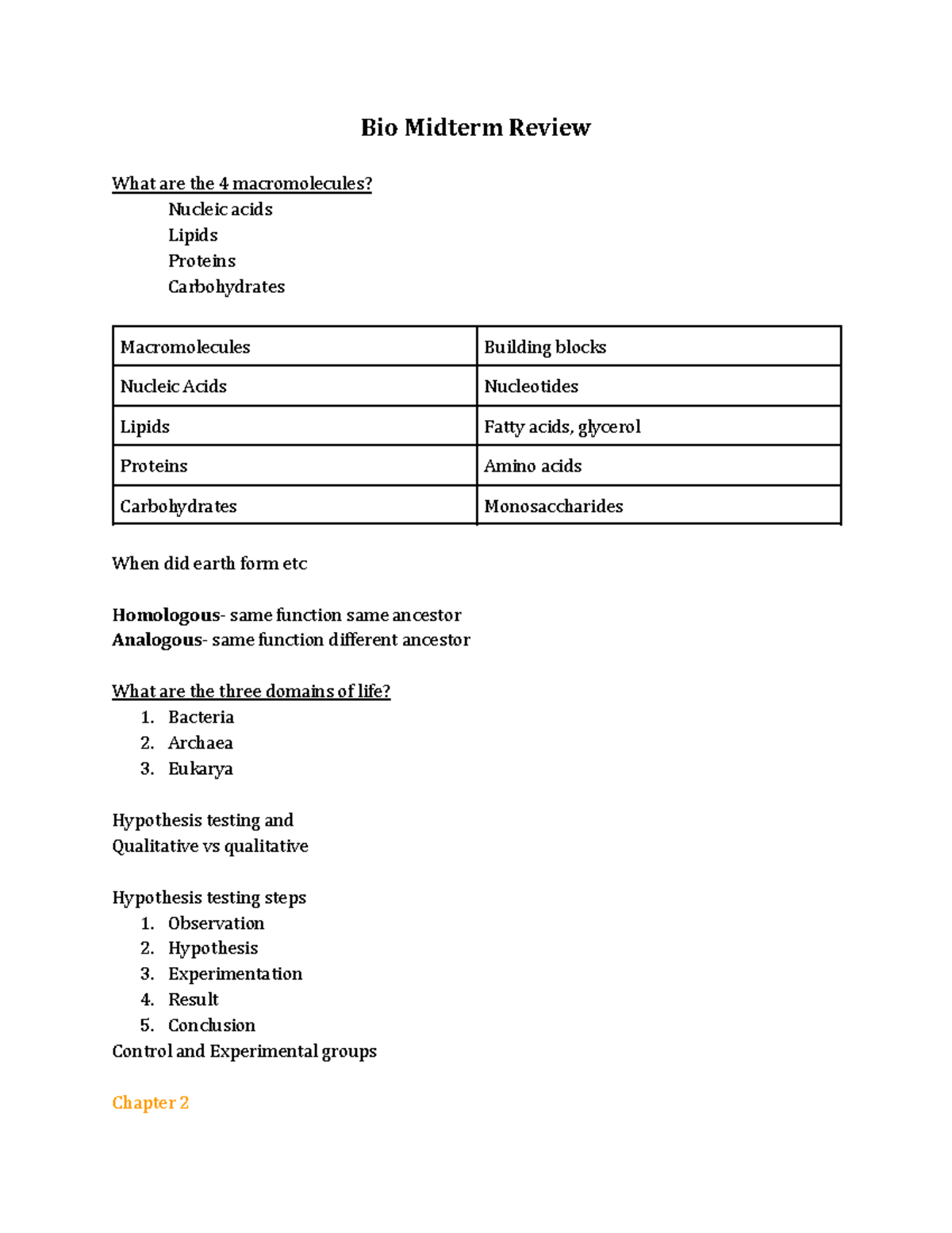 Bio Midterm Review - This document contains the contents of the first ...