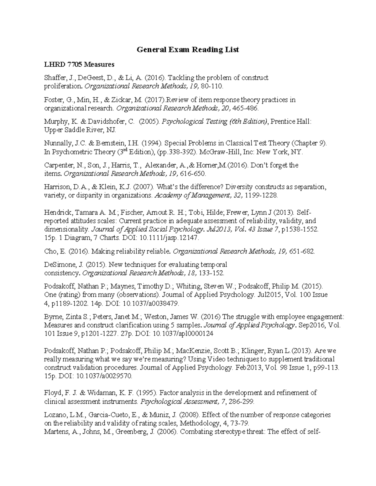 Lhrd generalexamreadings 202001 22 - General Exam Reading List LHRD 7705 Measures Shaffer, J ...