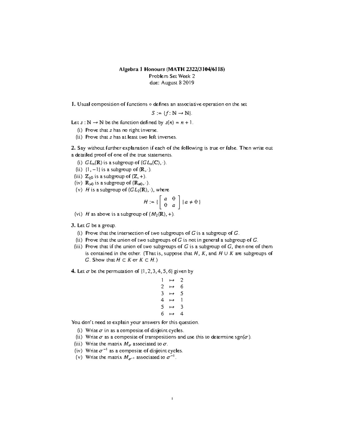 Assignment Week 2 - Algebra 1 Honours (MATH 2322/ 3104 /6118) Problem ...