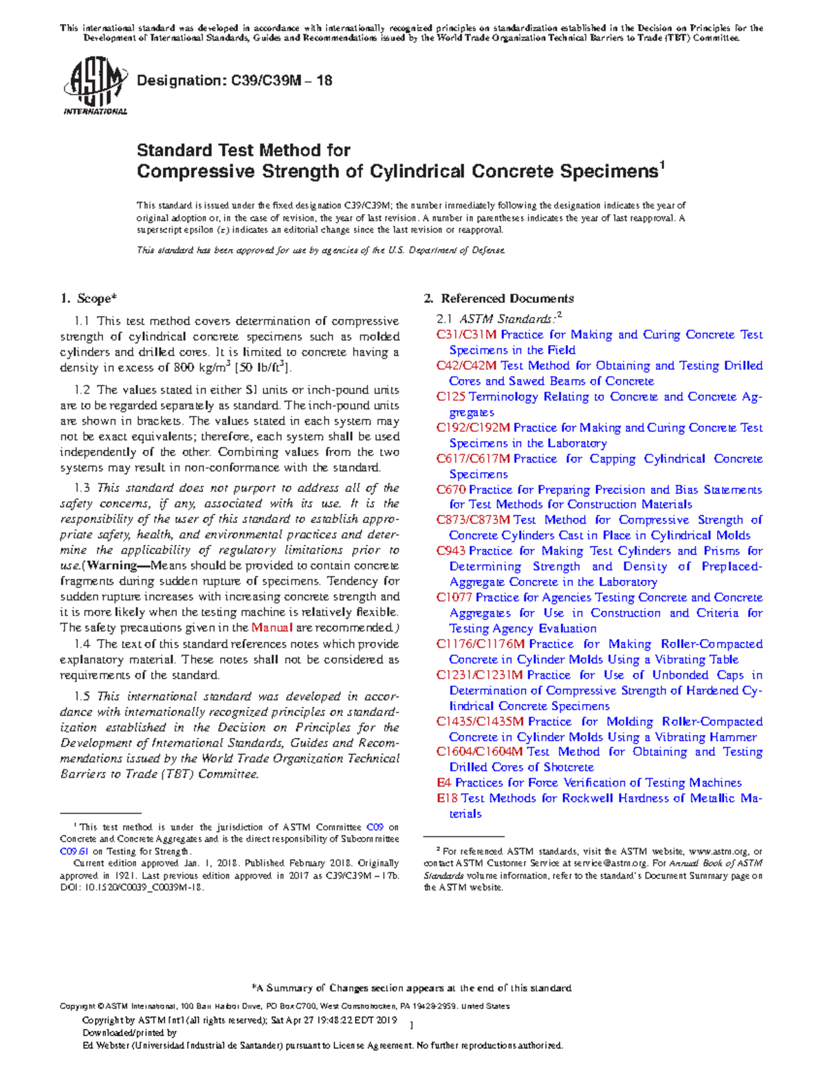 ASTM C39-18 - Engineering testing - Designation: C39/C39M − 18 Standard ...