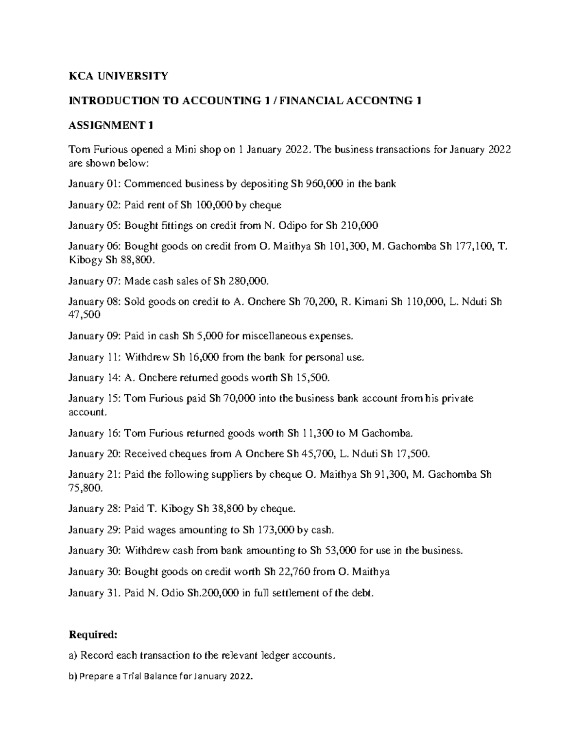 Assignment 1- Accounting - KCA UNIVERSITY INTRODUCTION TO ACCOUNTING 1 / FINANCIAL ACCONTNG 1 ...