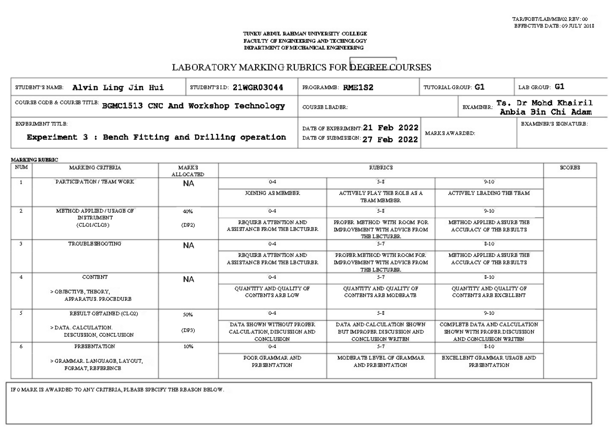 Bench Fitting And Drilling Operation - TUNKU ABDUL RAHMAN UNIVERSITY ...