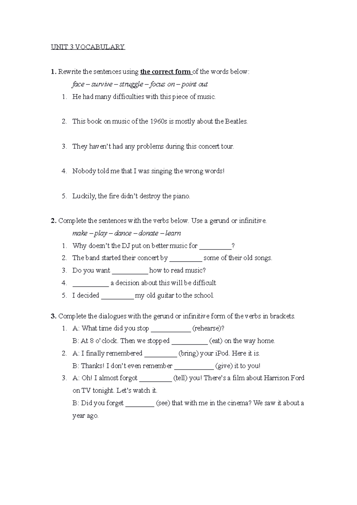 UNIT 3 Vocabulary - Gerunds and infinitives - UNIT 3 VOCABULARY Rewrite ...