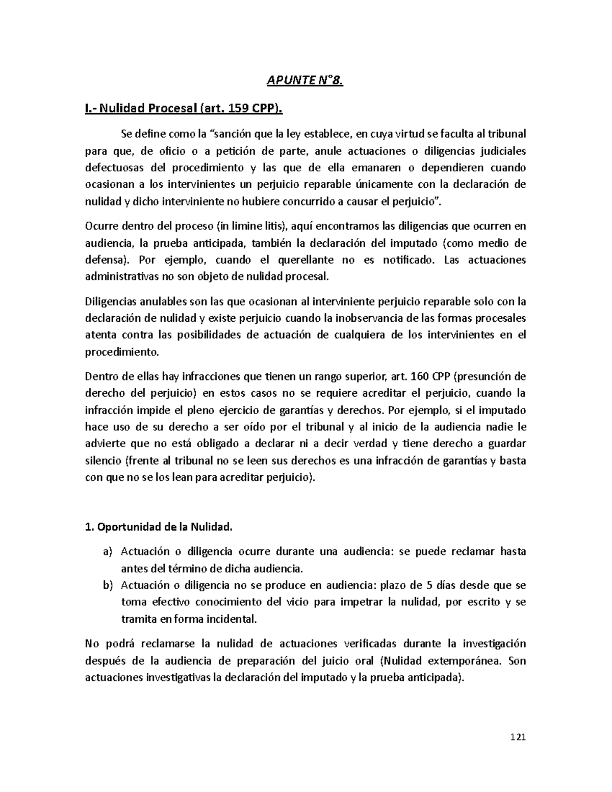 Apunte N°8 - Transcripción de Nulidad - APUNTE N°8. I.- Nulidad Procesal (art. 159 CPP). Se ...