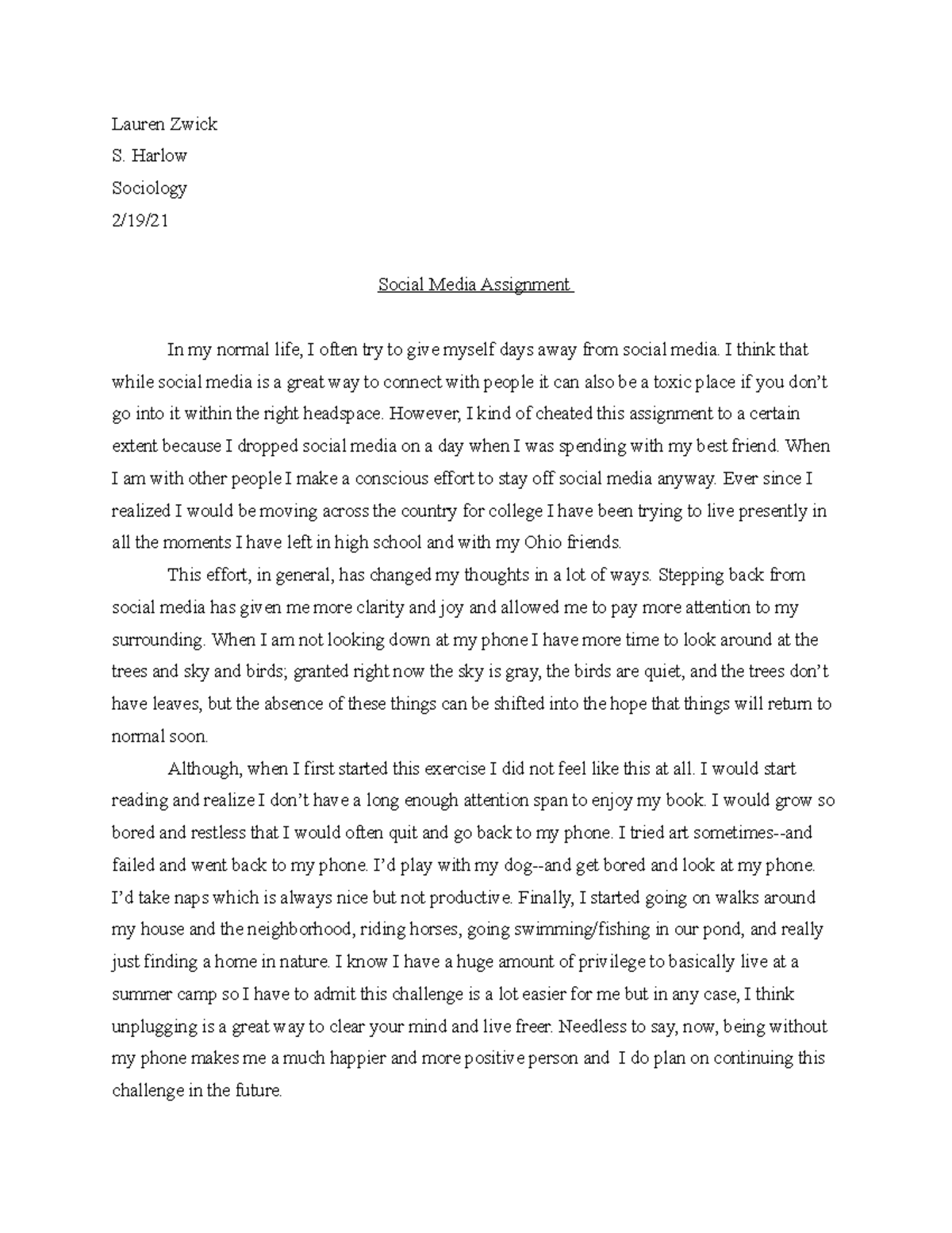 Social Media Assignment - Lauren Zwick S. Harlow Sociology 2/19/ Social ...