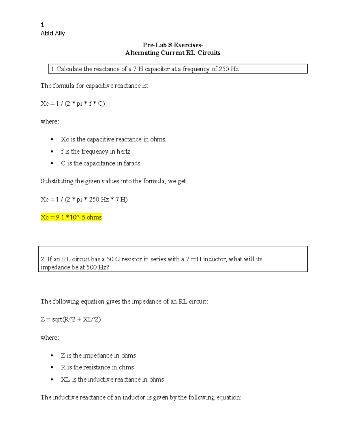 Pre lab 8 - excellent grade 5/5 - Abid Ally Pre-Lab 8 Exercises ...
