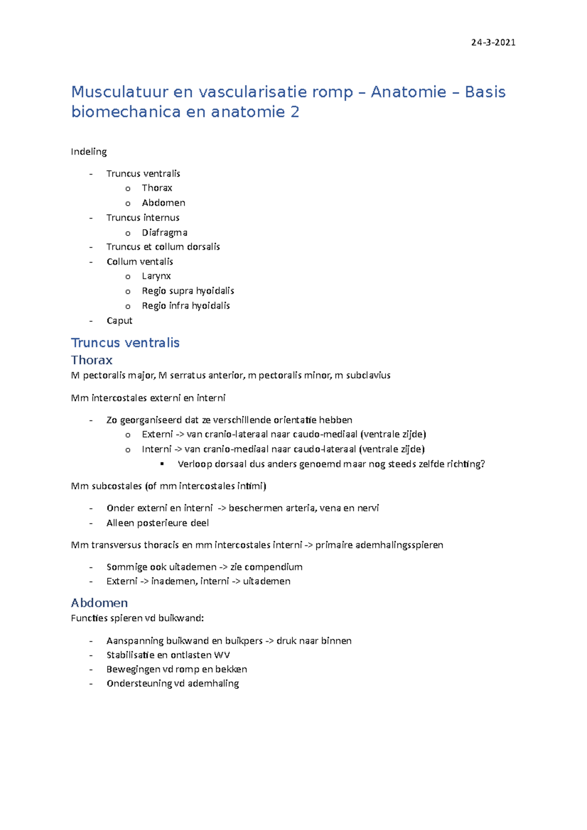 Musculatuur en vascularisatie romp- Anatomie – Basis biomechanica en ...
