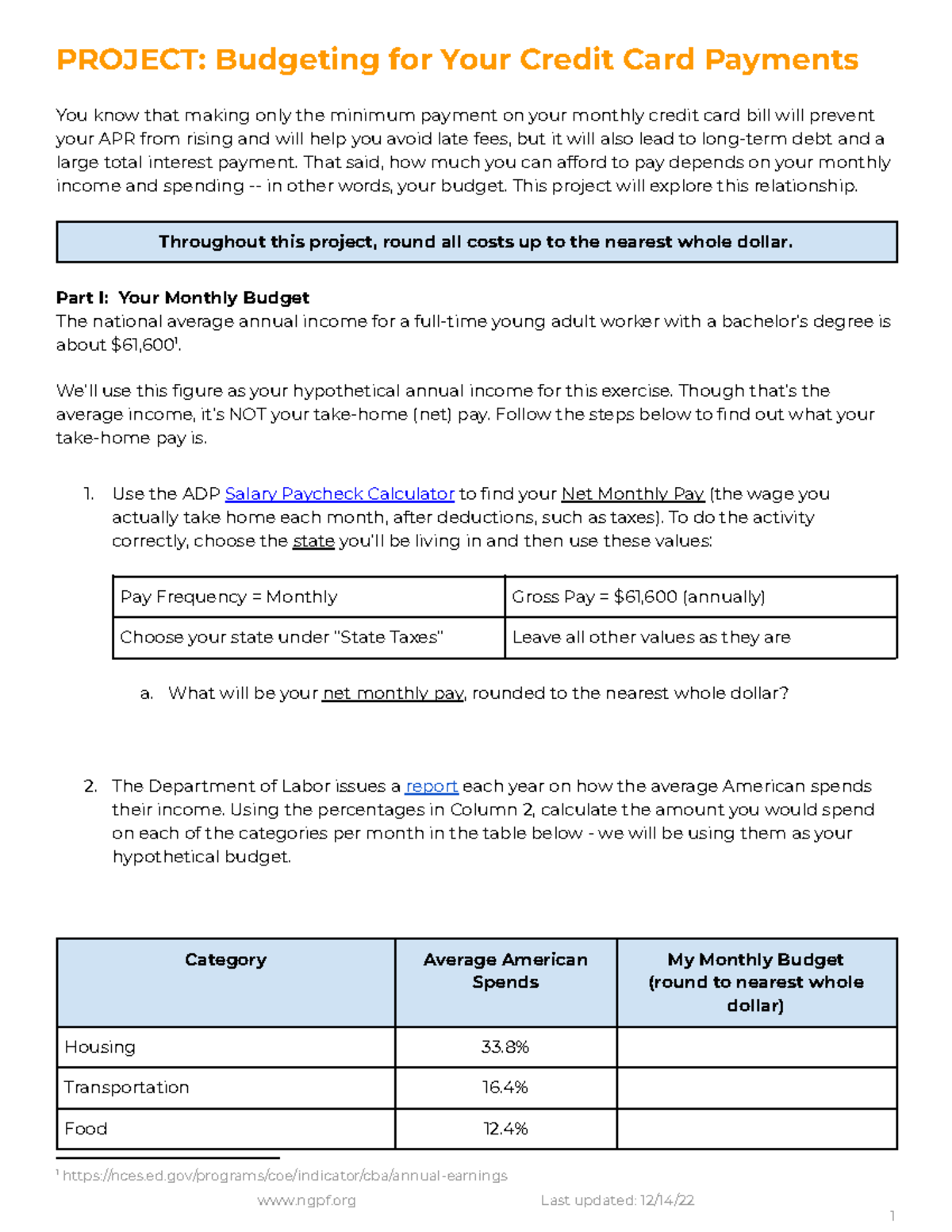 Copy of Project Budgeting for Your Credit Card Payments - PROJECT ...