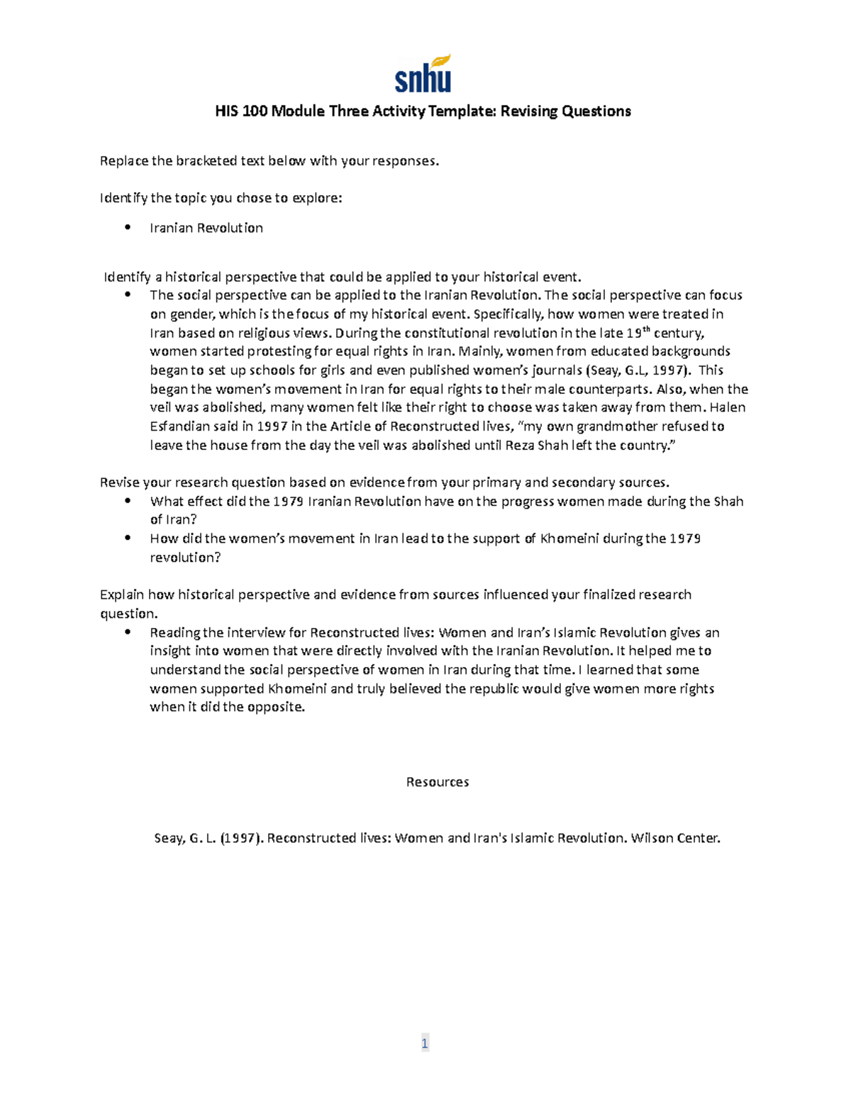 HIS 100 Module Three Activity Revising Questions Template - HIS 100 ...