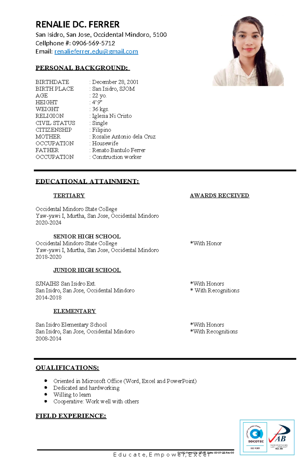 Renalie- Ferrer - OMSC-Form-COL-28 Eff. Date: 03-07-22 Rev 00 RENALIE ...