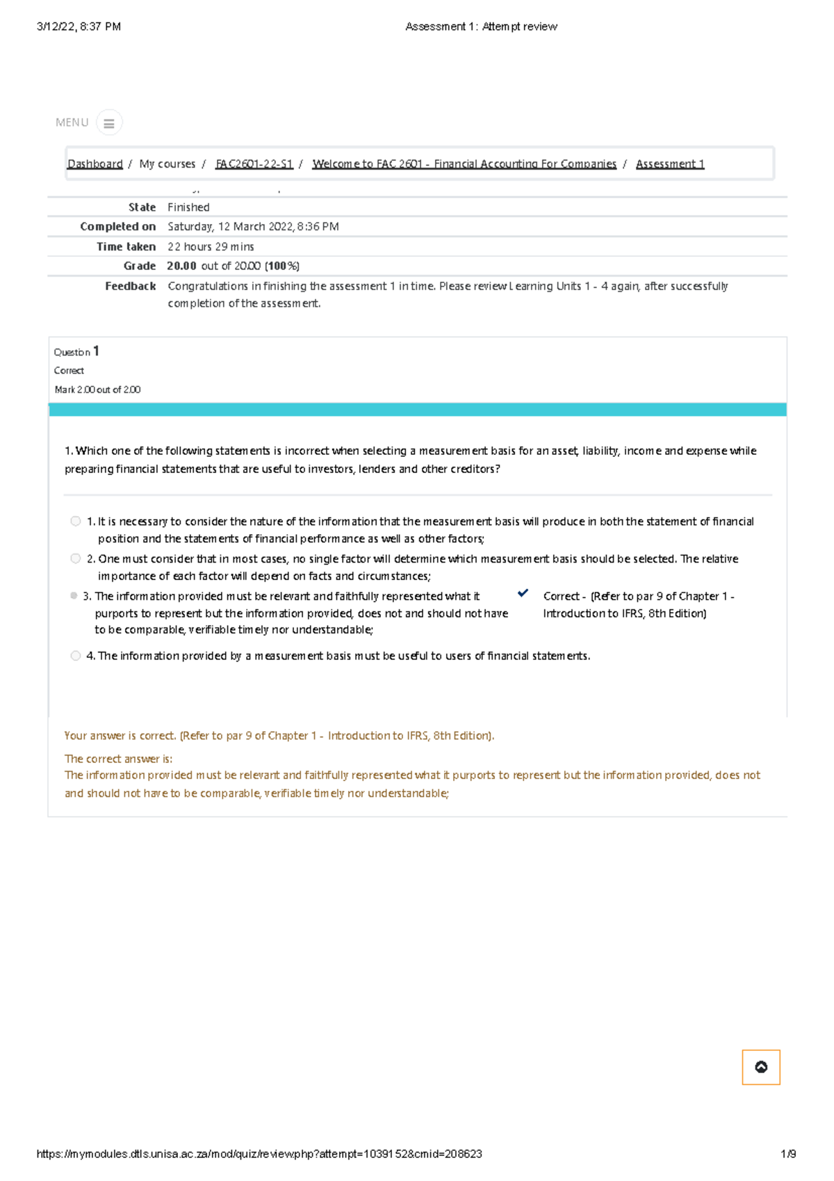 Assessment 1 Attempt review - Started on Friday, 11 March 2022, 10:06 ...